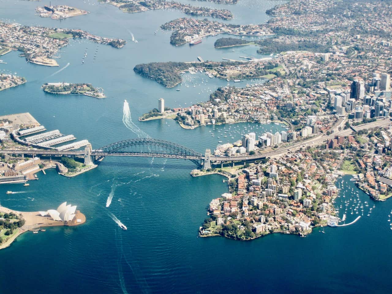 Stunning view of Sydney Harbour from a plane window
