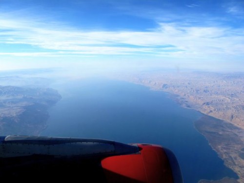 Incredible aerial view of the Dead Sea from a plane window