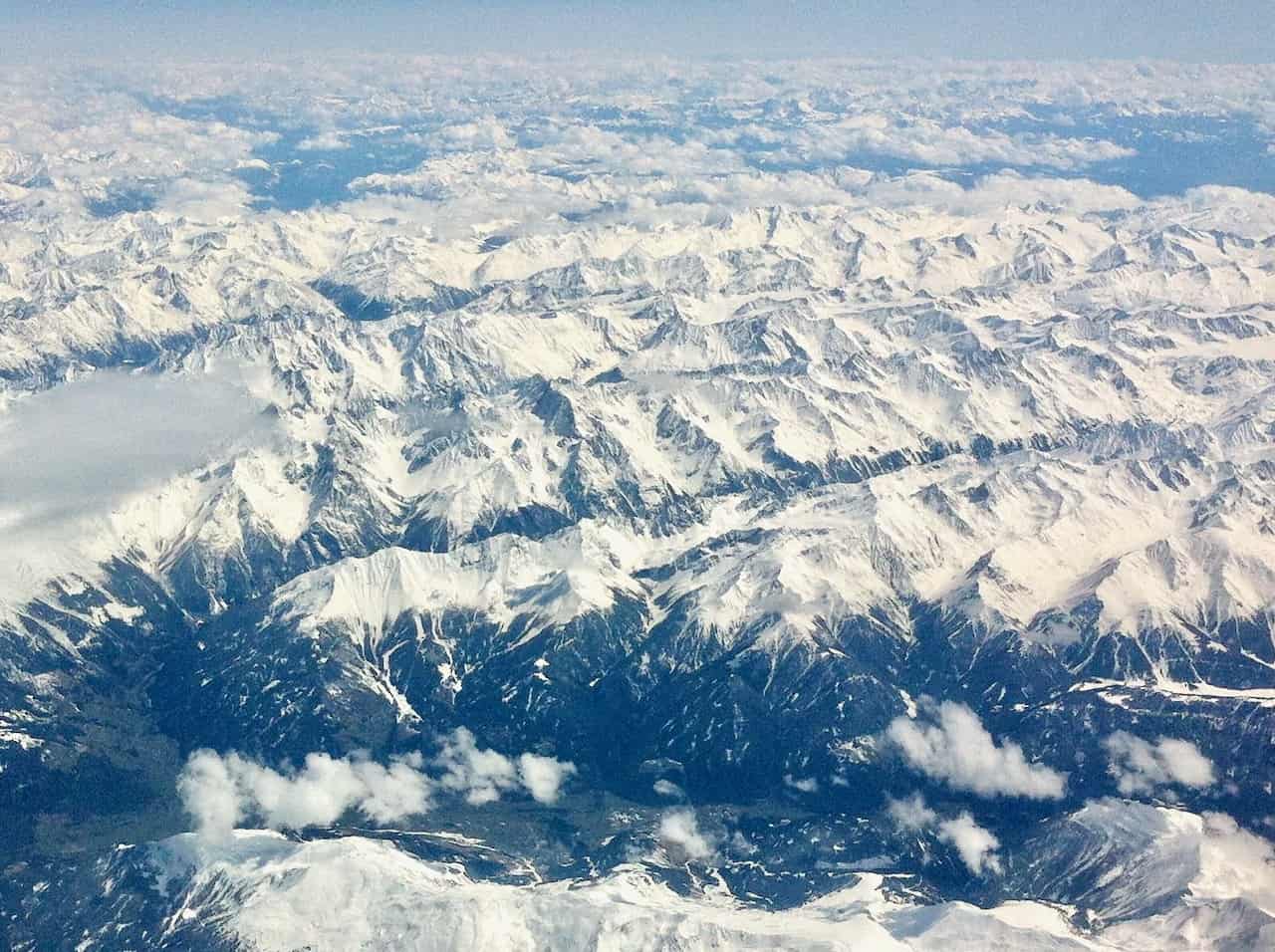 Spectacular view of the European Alps from a plane window