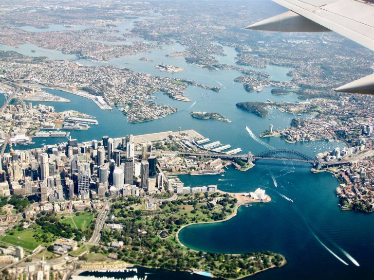 Stunning view of Sydney Harbour from a plane window