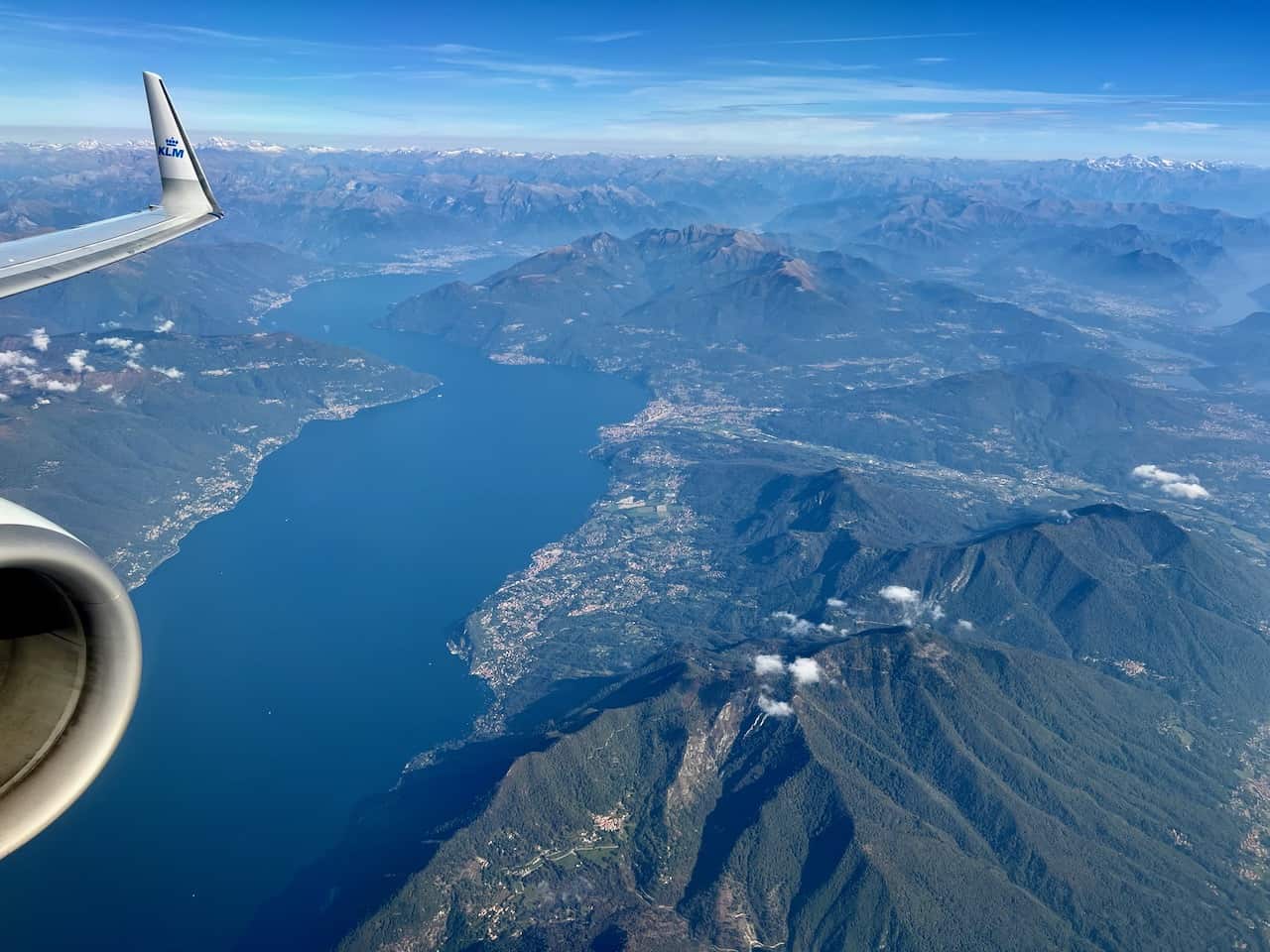 Views of the Swiss Alps and Lago Maggiore from a plane window
